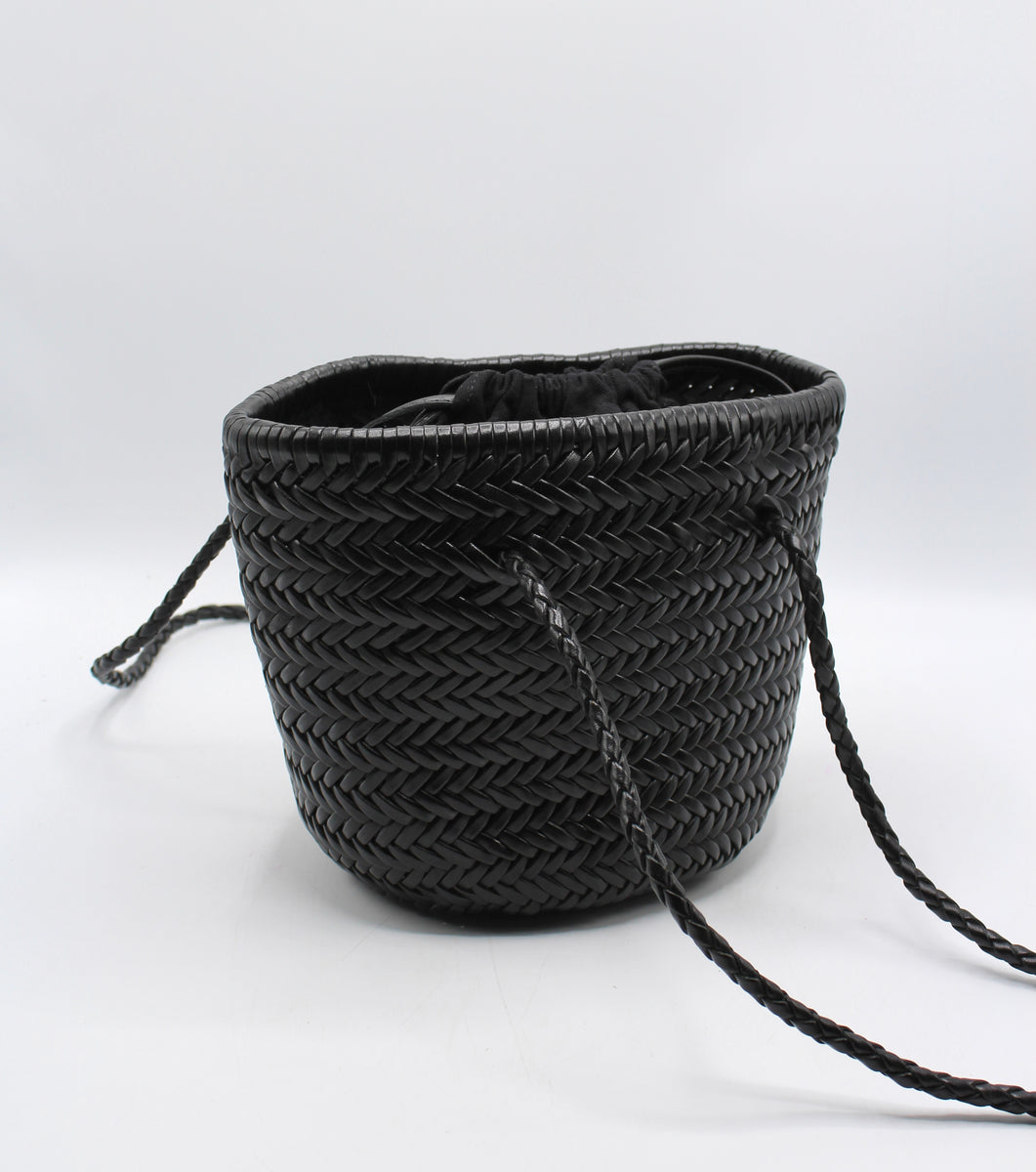 Carmel - Hand Woven Top Grain Leather Bucket Bag Black – Sook Stainable